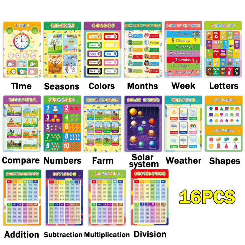16PCS Educational Preschool Posters Charts for Preschoolers Toddlers ...