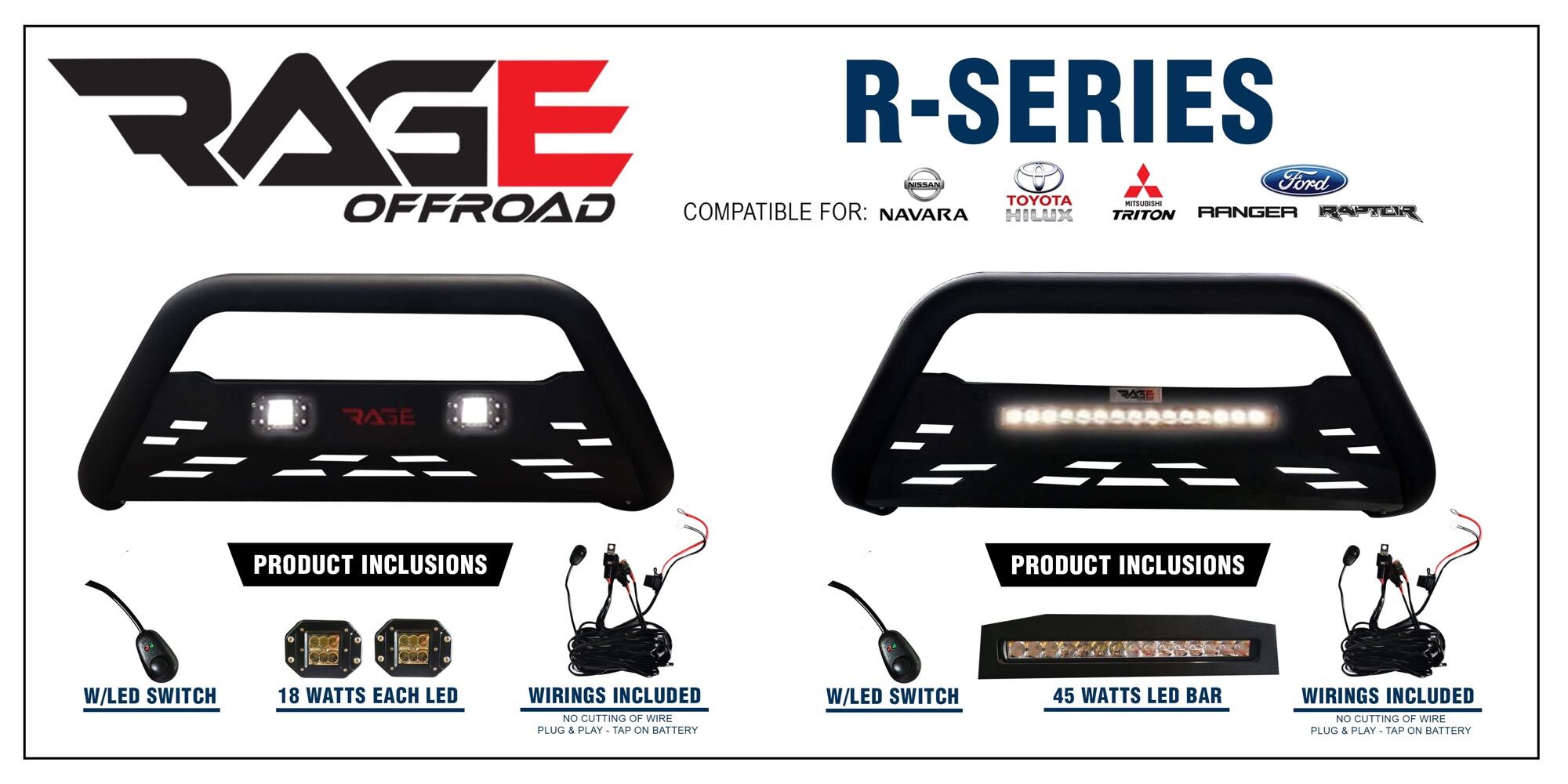RAGE OFFROAD NUDGE BAR R-SERIES FOR RANGER|RAPTOR|HILUX|STRADA|TERRA ...