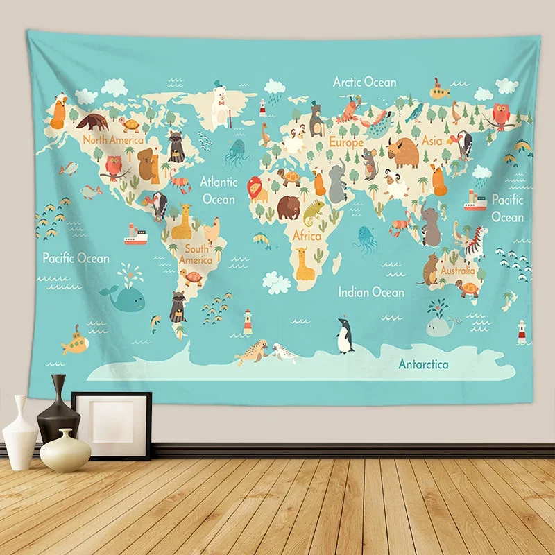 Animals World Map Tapestry Wall Hanging Large Kids Educational ...