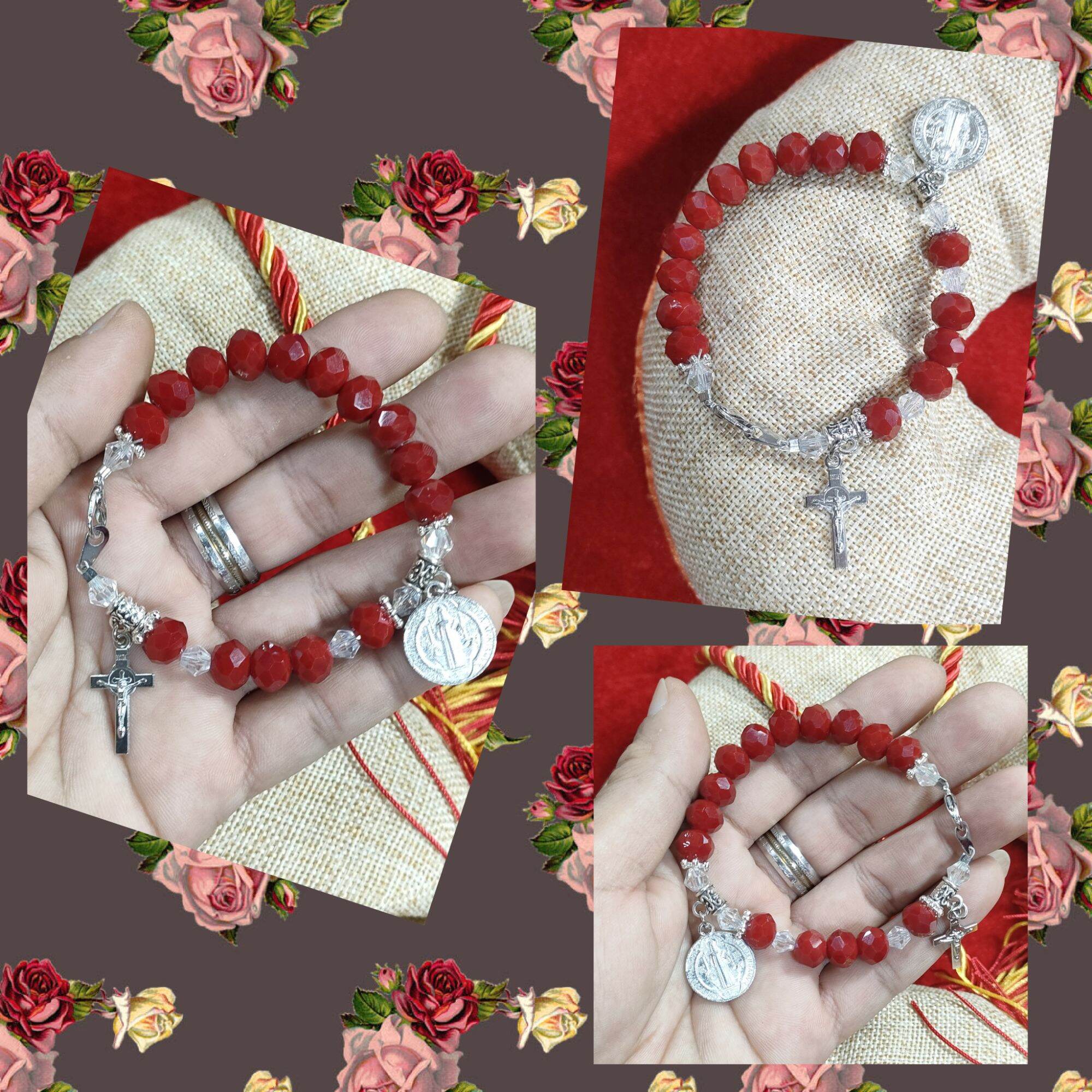 St. Benedict Exorcism Crucifix Bloody Red Polygon Crystal Rosary Bangle ...