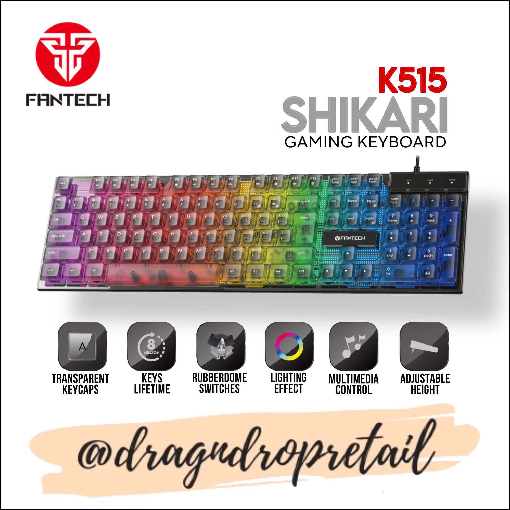 FANTECH SHIKARI K515 RGB Gaming Keyboard, Rubber Dome Switches, Transparent Keycaps, 104 Keys ...