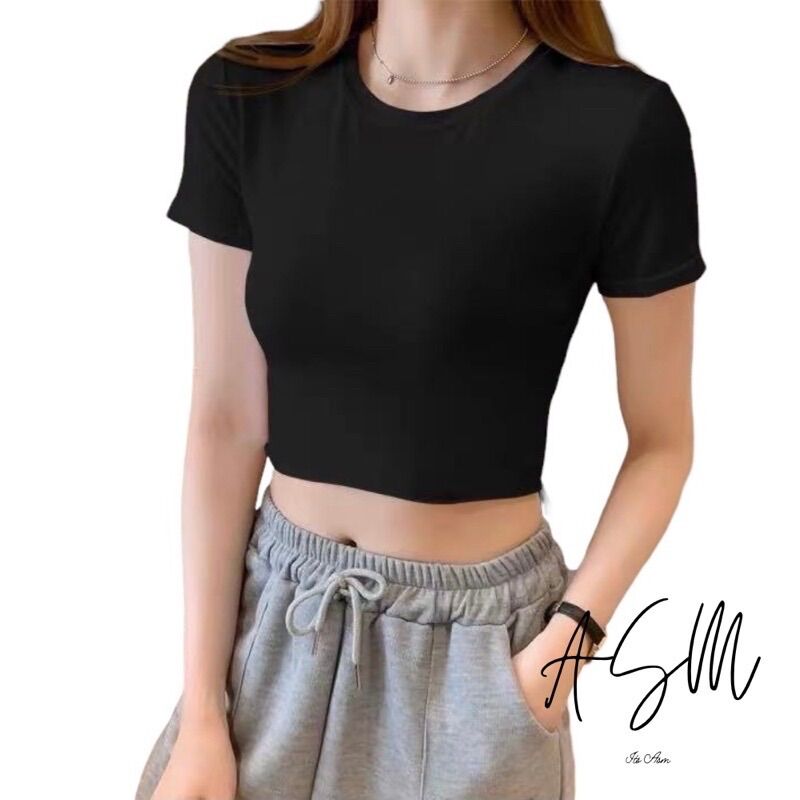 ASM CL005 AngelCity Round neck Tops Plain Basic Crop Top Korean Fashion ...
