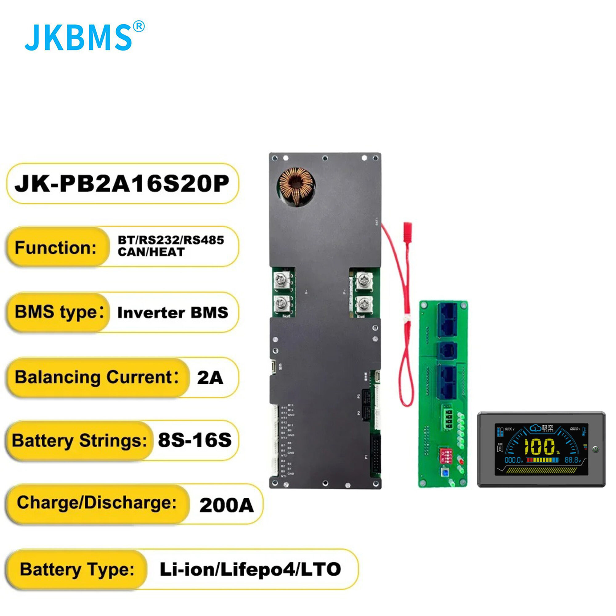 JKBMS Inverter Smart BMS 8S 16S 24V 48V 8S-16S 100A 150A 200A Family Energy Storage Lifepo4/Li ...