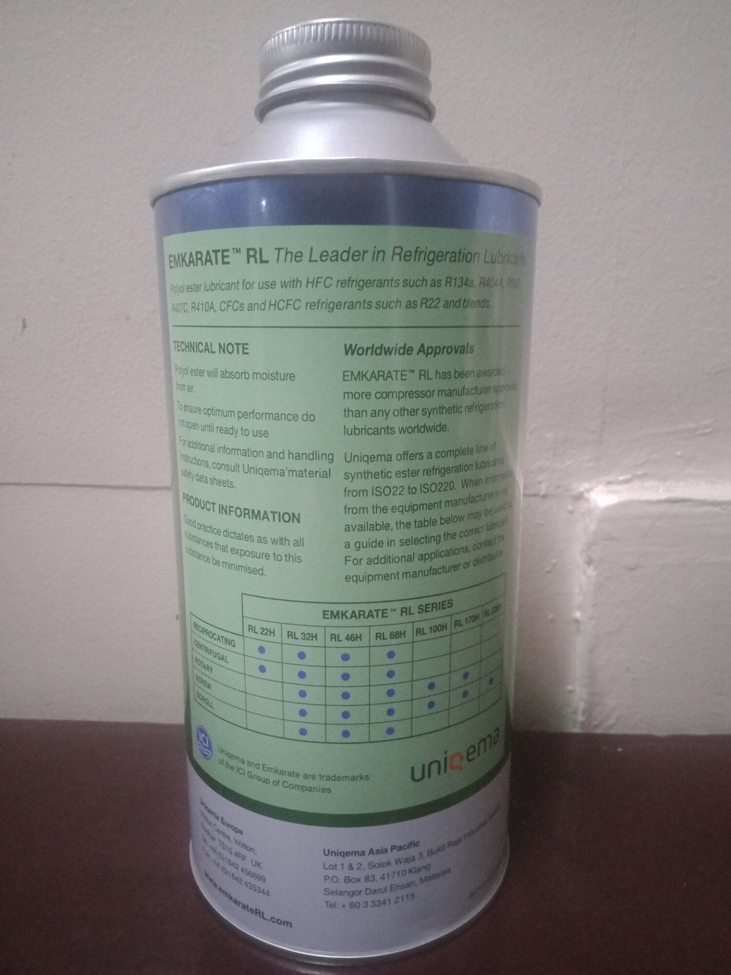 Emkarate Refrigeration Lubricant, 1 (liter), (RL32H, RL68H, RL100 ...