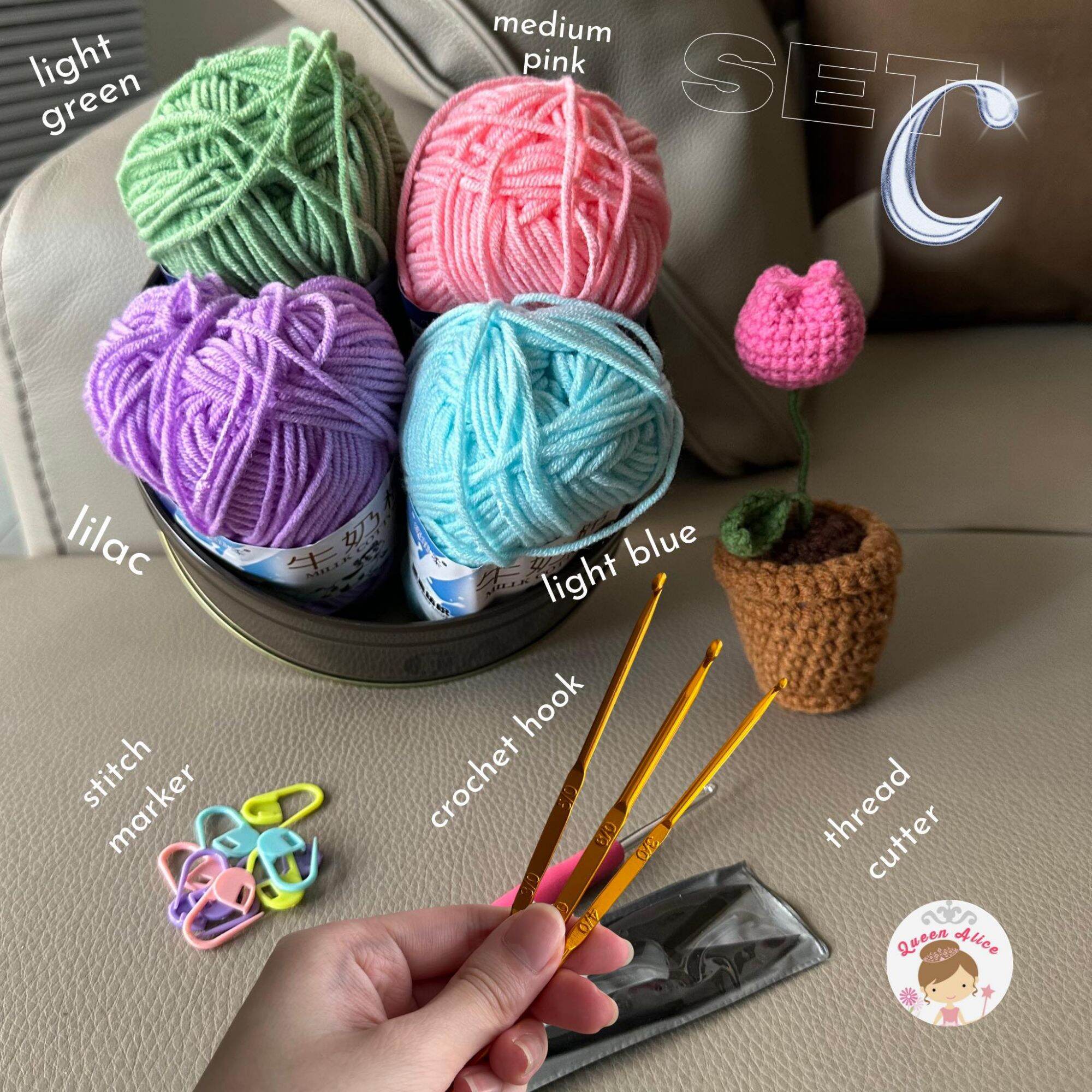 Premium Yarn Sets ( 4 Yarns / 1 Gold Double Size Hook / Stitch Markers ...