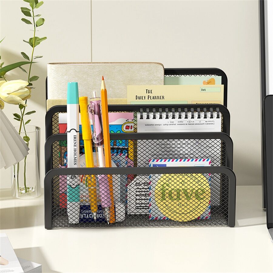 Papers Trays Notebook Stand Rack Desk 3-layer Black Metal Iron Mesh ...