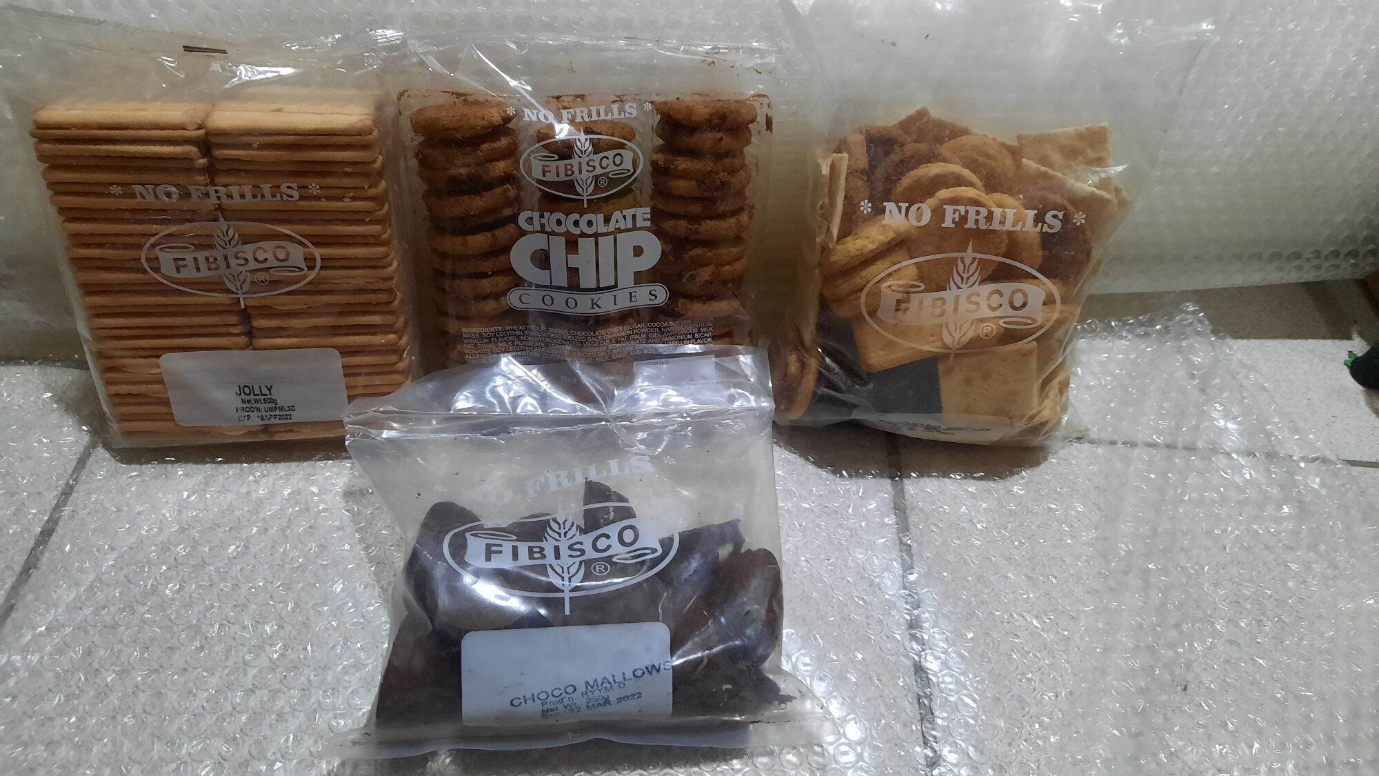Set of fibisco products no frills(cookies,mallows and assorted biscuits ...