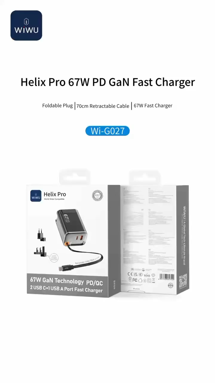 Wiwu 67W GaN 3 Port PD Fast Charger with Type C Retractable Cable ...