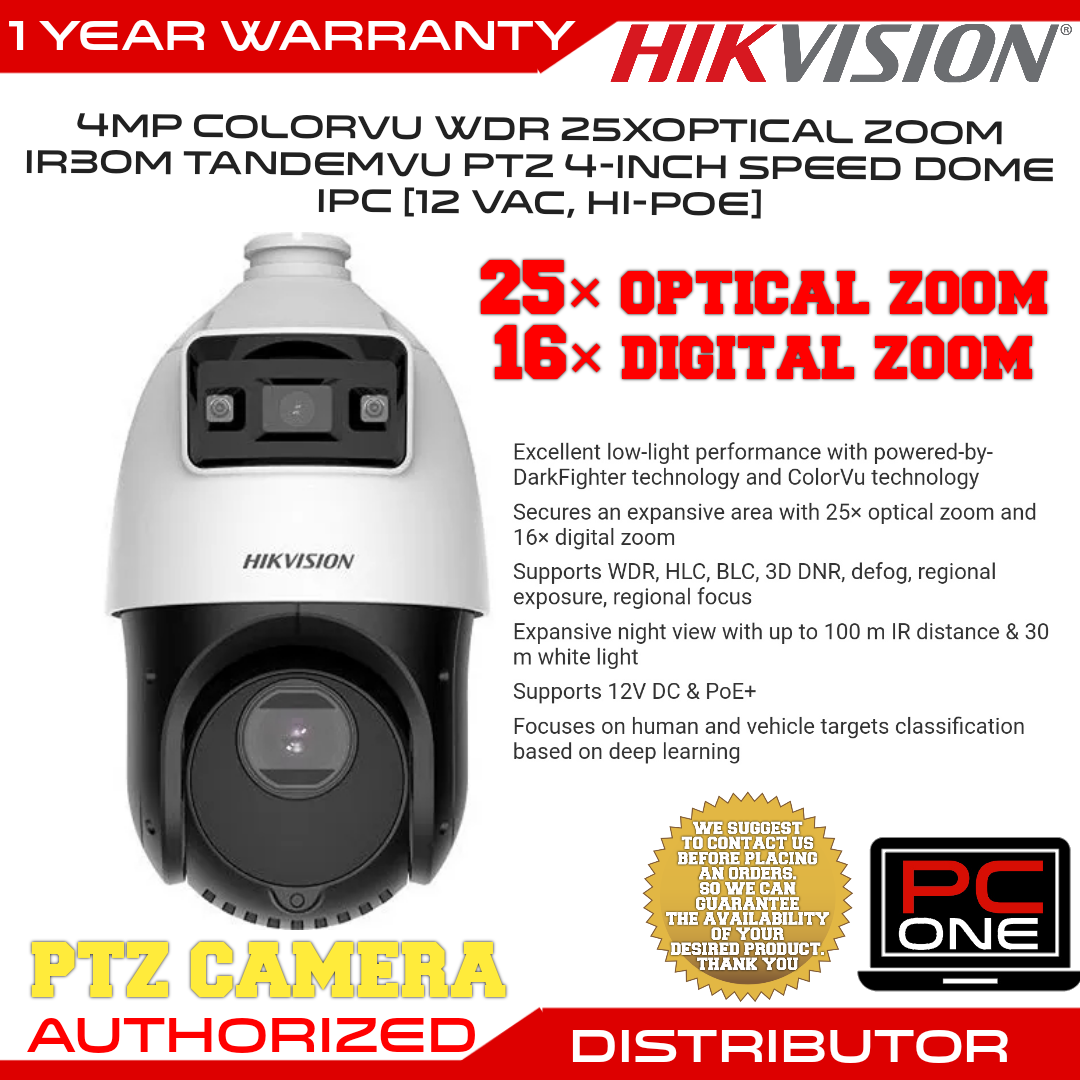 HIKVISION H.265+ 4MP ColorVu WDR 25xOptical Zoom IR30m TandemVu PTZ 4 ...