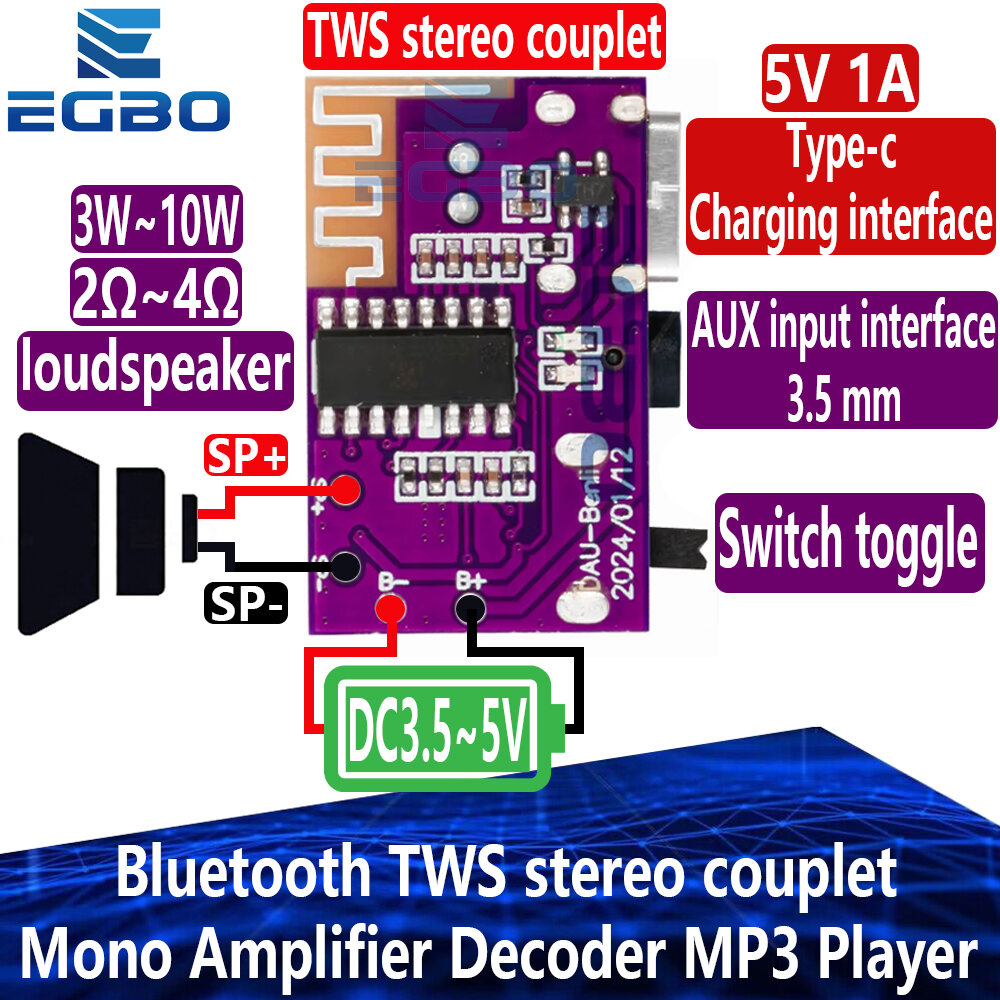 1~2PCS TWS DC3.5V-5V 5W Bluetooth compatibe 5.4 Mono Amplifier Decoder MP3 Player 3.5mm AUX ...