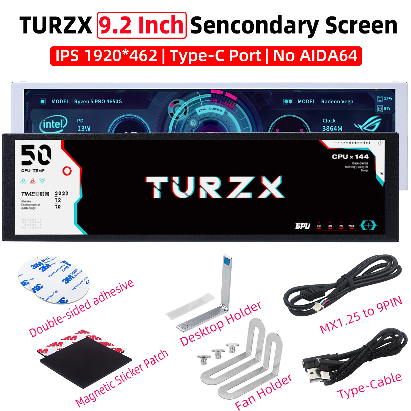 TURZX 9.2 Inch USB Chassis Secondary Screen 1920*462 IPS LCD CPU GPU ...