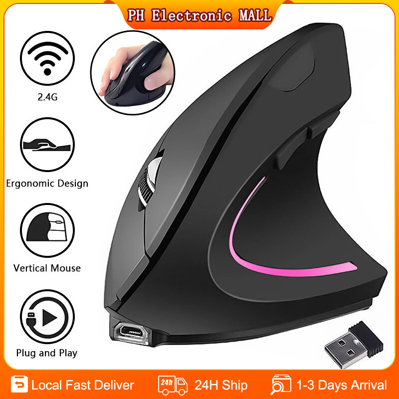 Ergonomic Mouse Vertical 6 Buttons Wireless Computer Mice Rechargeable ...