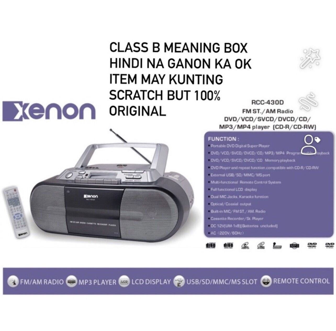 Class B Xenon RCC-430D Portable DVD/RADIO/CD/CASSETTE/MP3/MP4 player ...