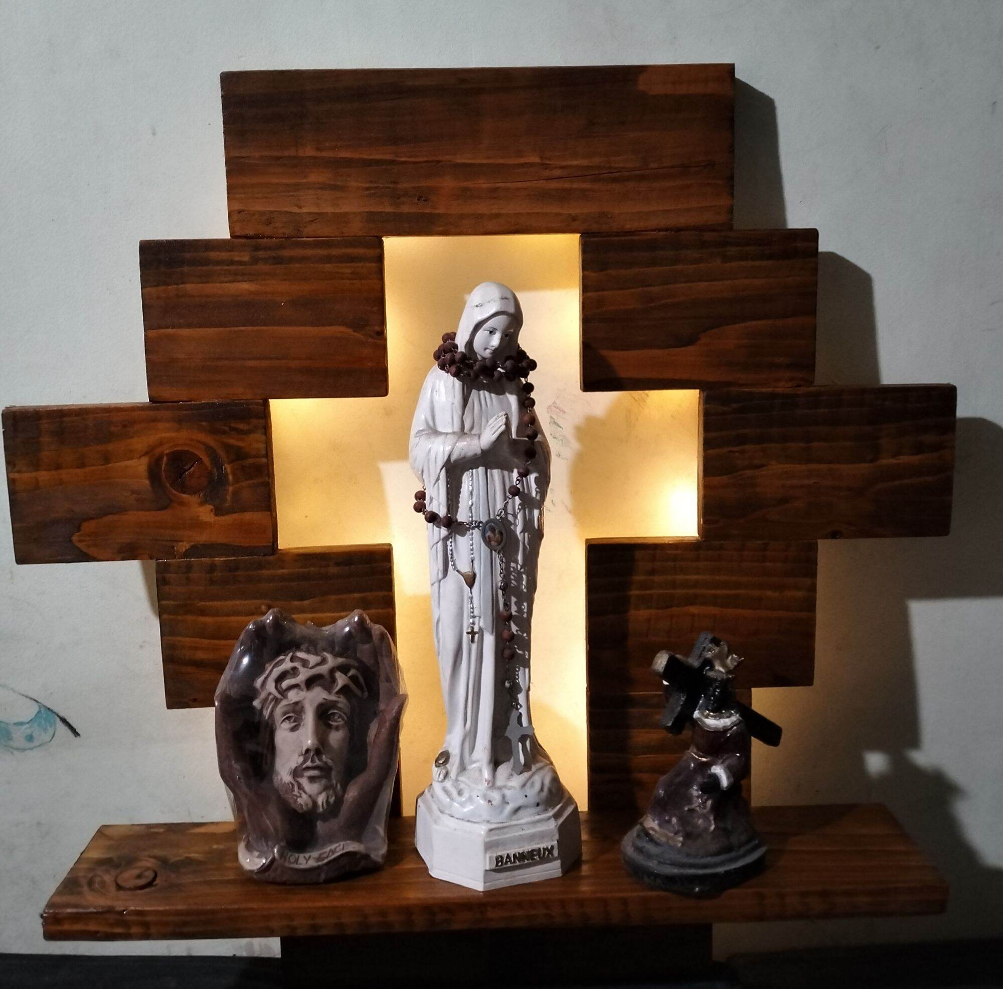 Wooden altar. wall mount with led light battery operated. made from ...