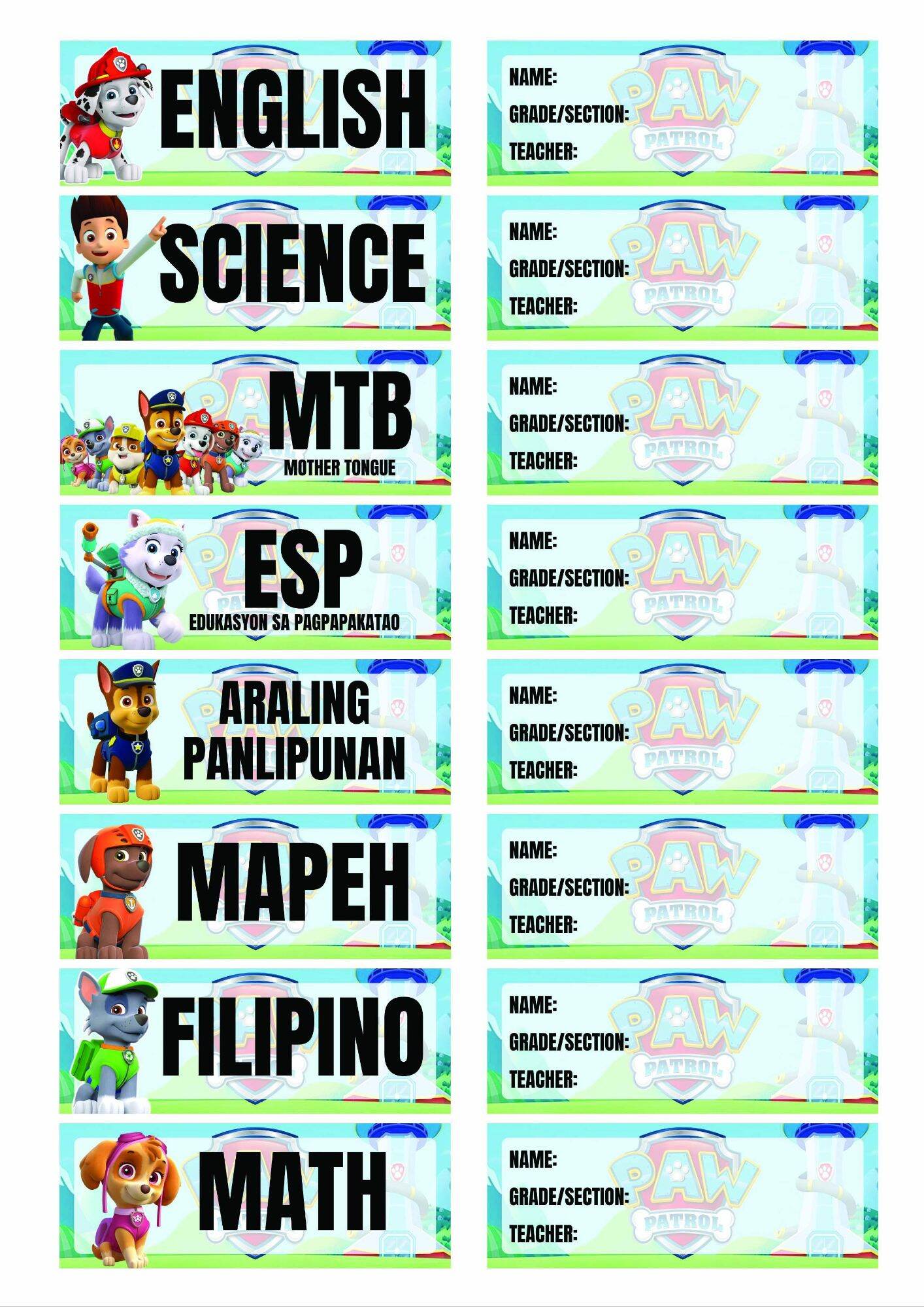 NOT CUSTOMIZED !!! SUBJECT LABEL STICKER (GENERIC) | A4 SIZE | RR ...