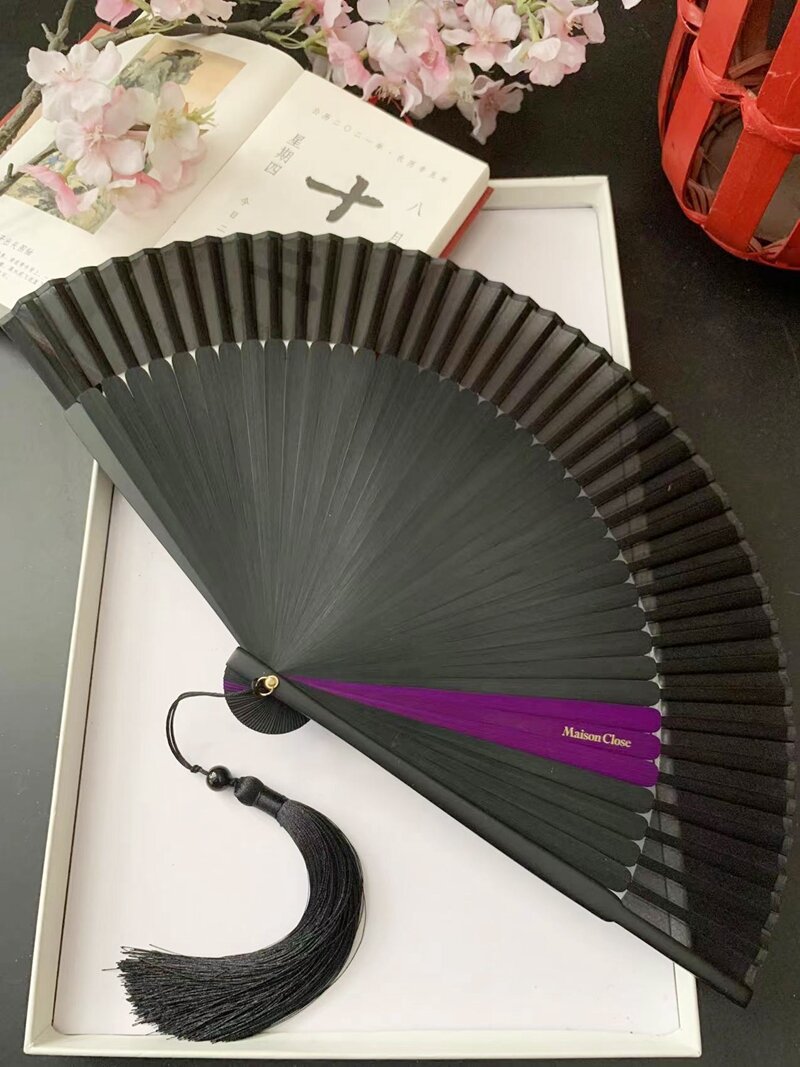Chinese Style Full Bamboo Carving Hollow Fan Japanese Solid-Color Black ...