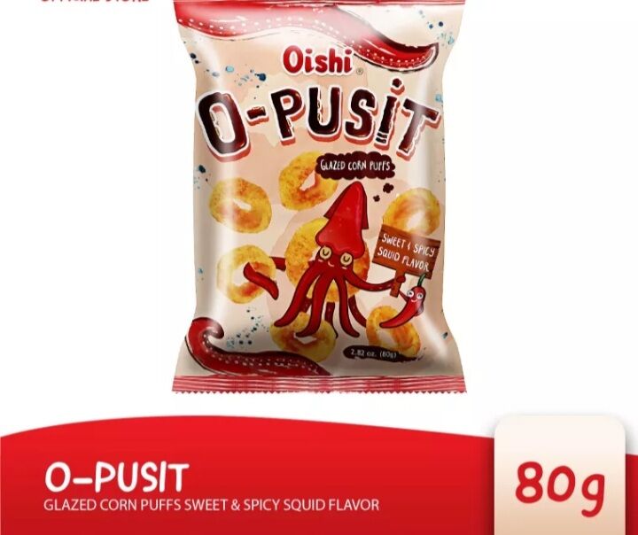 OISHI O-PUSIT | GLAZED CORN PUFFS | SWEET AND SPICY SQUID FLAVOR | 80 g | Lazada PH