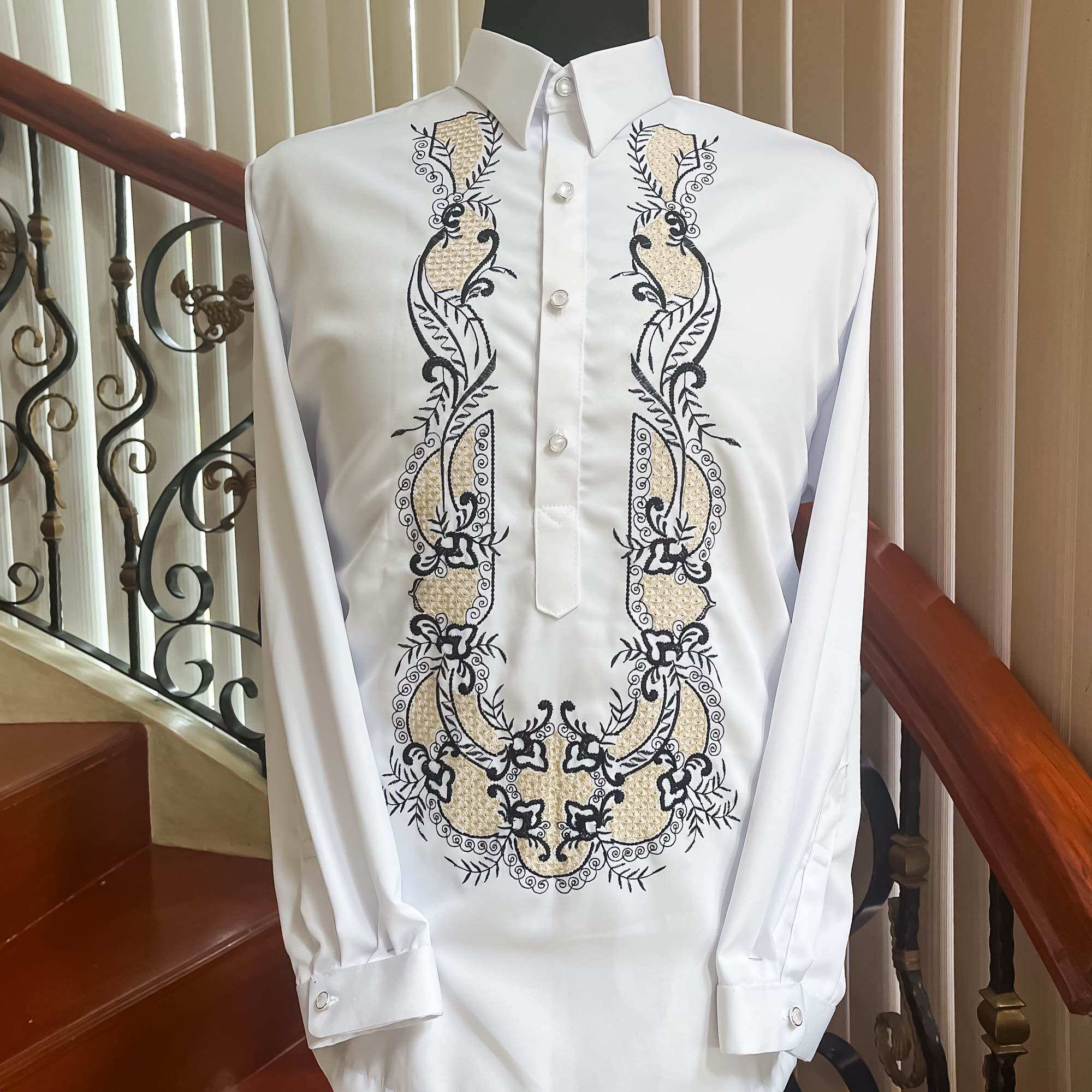 Long Sleeves Polo Barong w/ Computerized Embroidery (Formal Wear) White ...