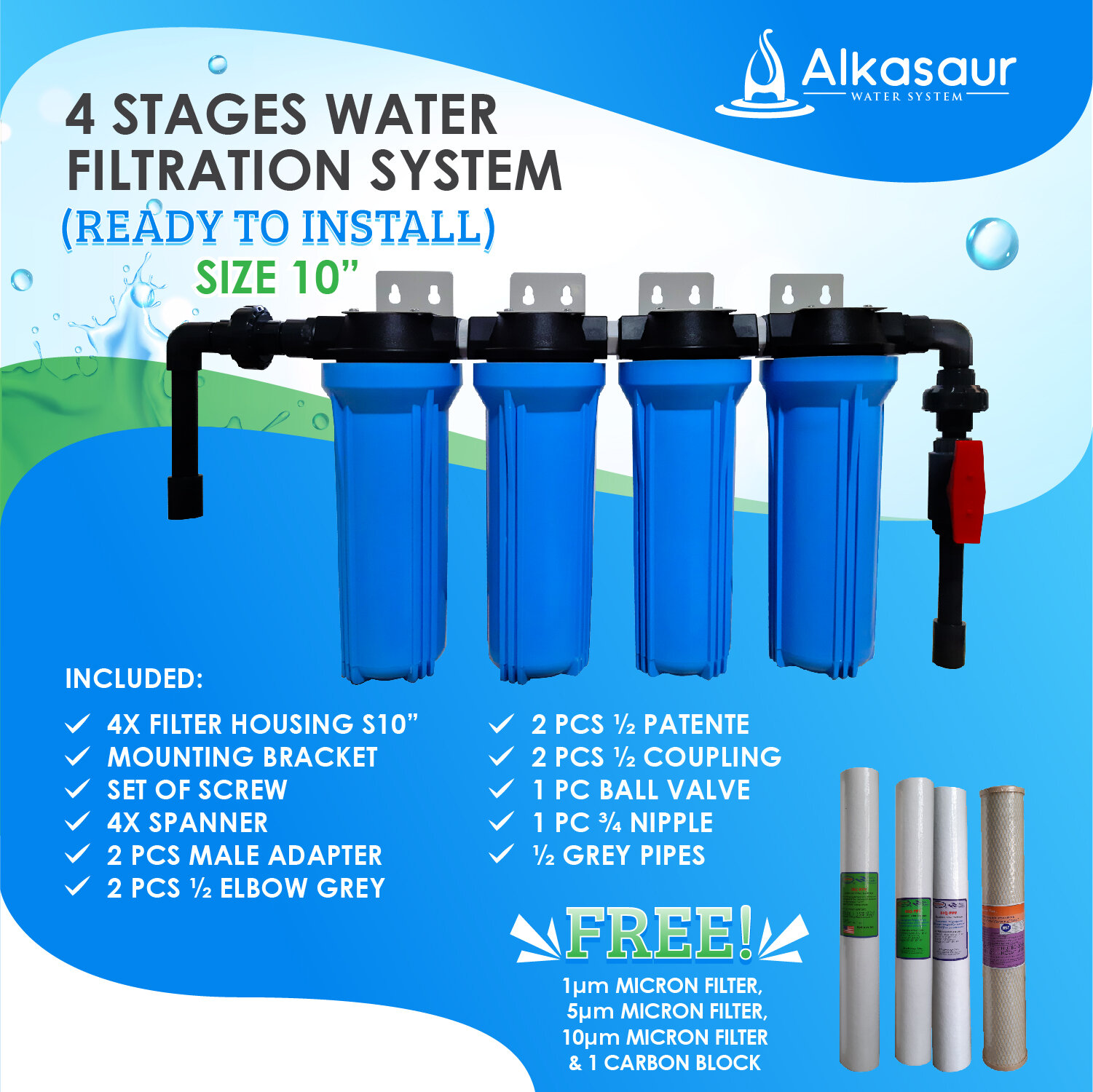 4 Stages 10" Household Water Filtration System Set with 4pcs Filters ...