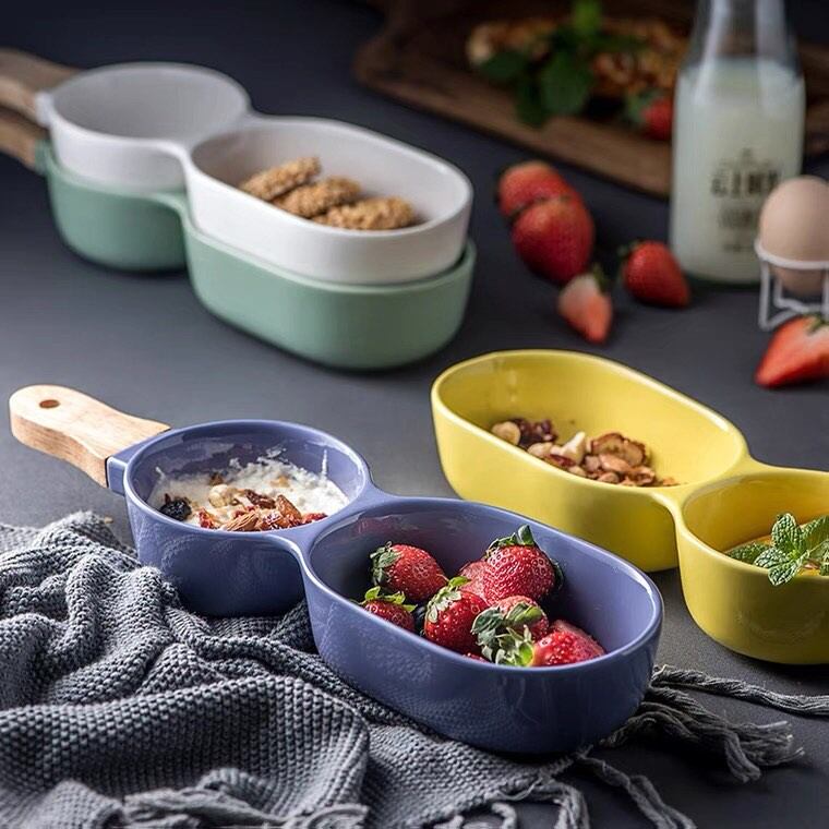 C25 Ceramic Divided Bowl with Wood Handle Fruit Ice Cream Salad Double ...