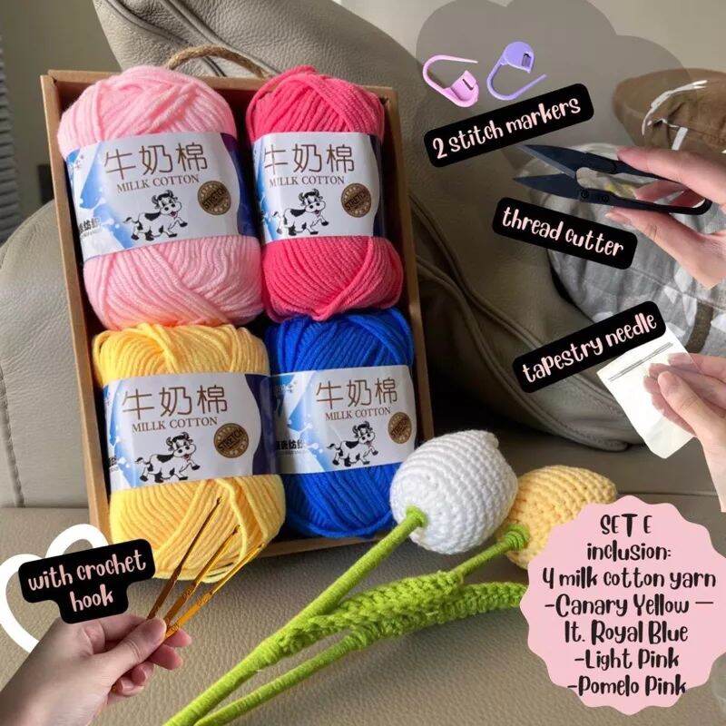 Premium Yarn Sets ( 4 Yarns / 1 Gold Double Size Hook / Stitch Markers ...
