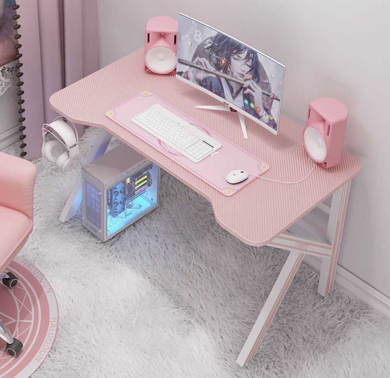 Study Table Pink Gaming Table with Headphone Hook and Free Long Pink ...