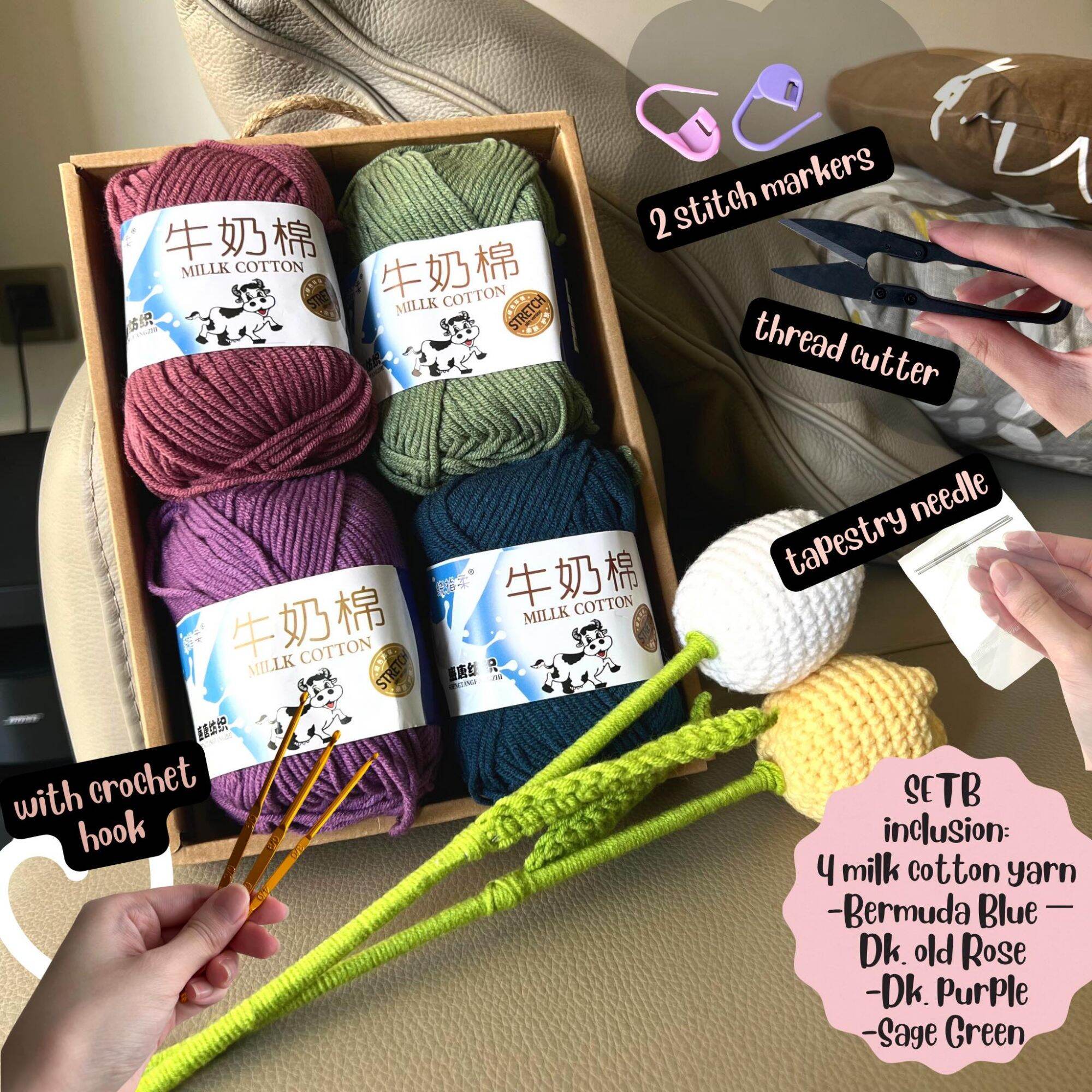 Premium Yarn Sets ( 4 Yarns / 1 Gold Double Size Hook / Stitch Markers ...
