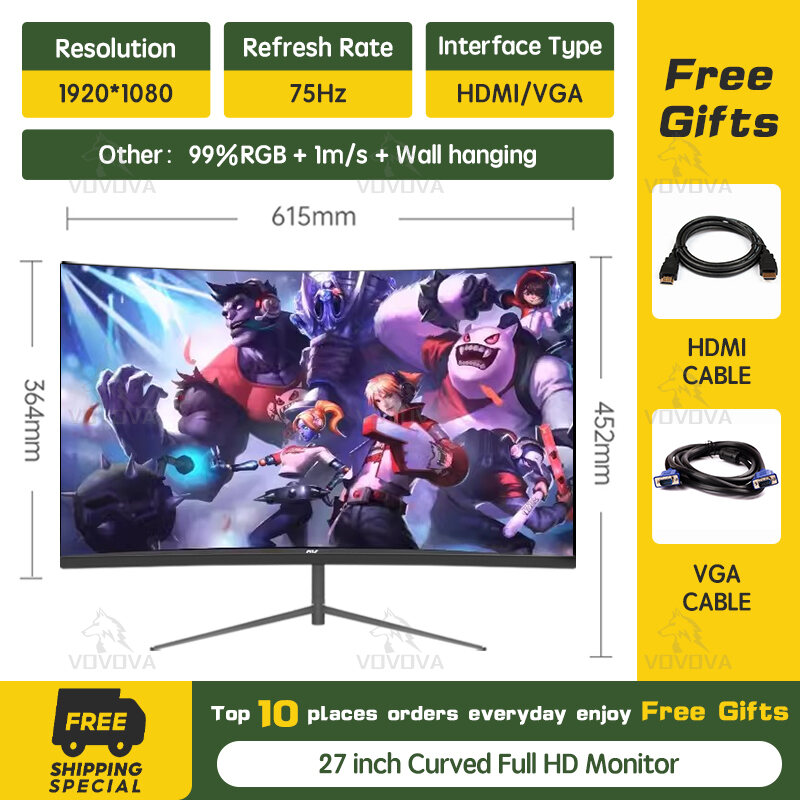 VOVOVA 27 Inch Curved Monitor 75Hz 1080P Pc Gaming Monitor with Free ...