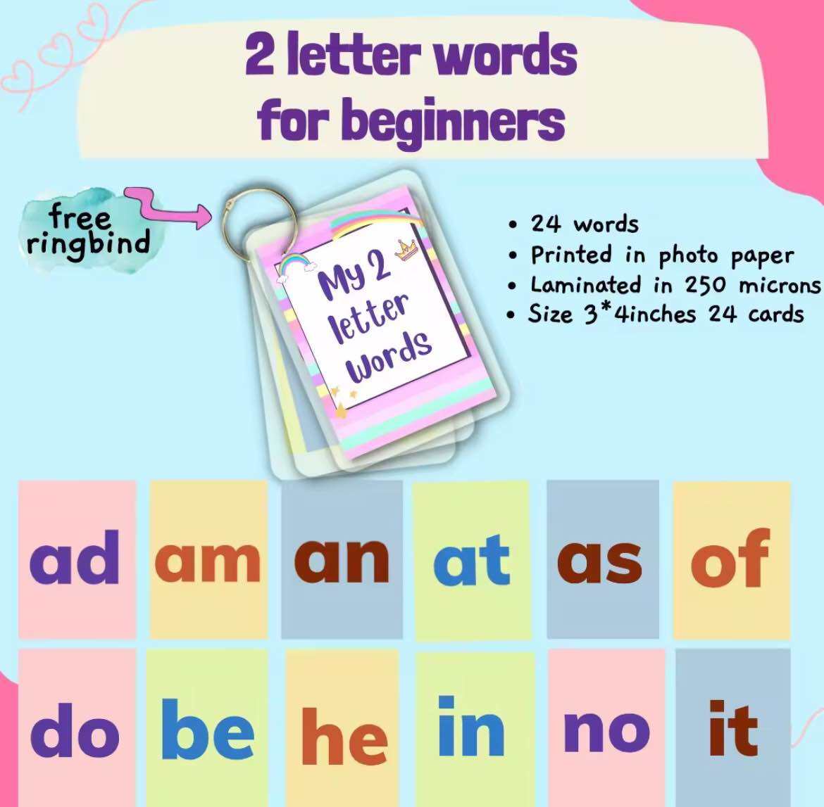 2 letter english words laminated educational flash cards reading for ...
