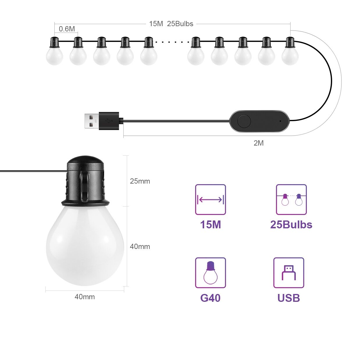 Tuya Smart WIFI G40 LED Bulb String Light USB 15M 25 Blubs Fairy Lights Christmas Bedroom ...